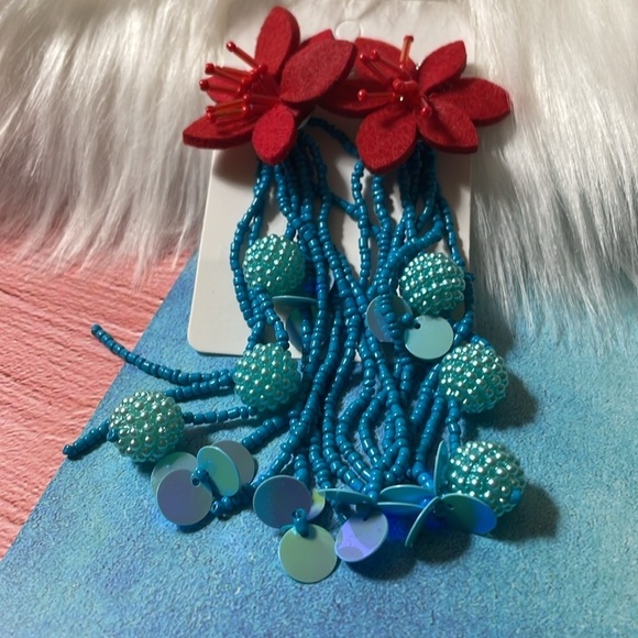 Zara | Jewelry | Zara Red Flower Blue Beaded Tassel Earrings | Poshmark
